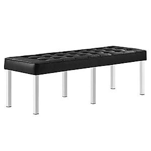 Modway Loft Tufted Button Faux Leather Upholstered Large Accent Bench in Silver Black