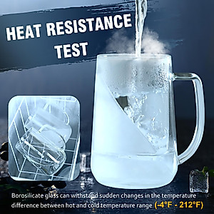 Convend Beer Mugs For Freezer,Double Wall Clear Borosilicate Glass Beer Mug with Handle,Ice Cup for Beer,Milk and Juice-16 Oz Capacity, Set of 2