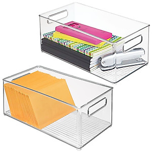 mDesign Deep Plastic Storage Organizer Container Bin, Office Organization for Filing Cabinet, Cupboard, Shelves, and Desk - Holds Notepads, Pens, Pencils, Highlighters, and Staplers - 2 Pack - Clear