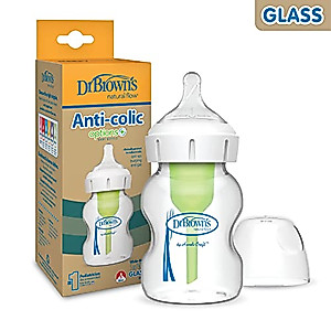 Dr. Brown's Natural Flow Anti-Colic Options+ Wide-Neck Glass Baby Bottle 5 oz/150 mL, with Level 1 Slow Flow Nipple, 1 Pack, 0m+