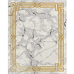 Well Woven Lezlee Ivory & Gold Retro Border Marble Pattern Area Rug (5'3" x 7'3")