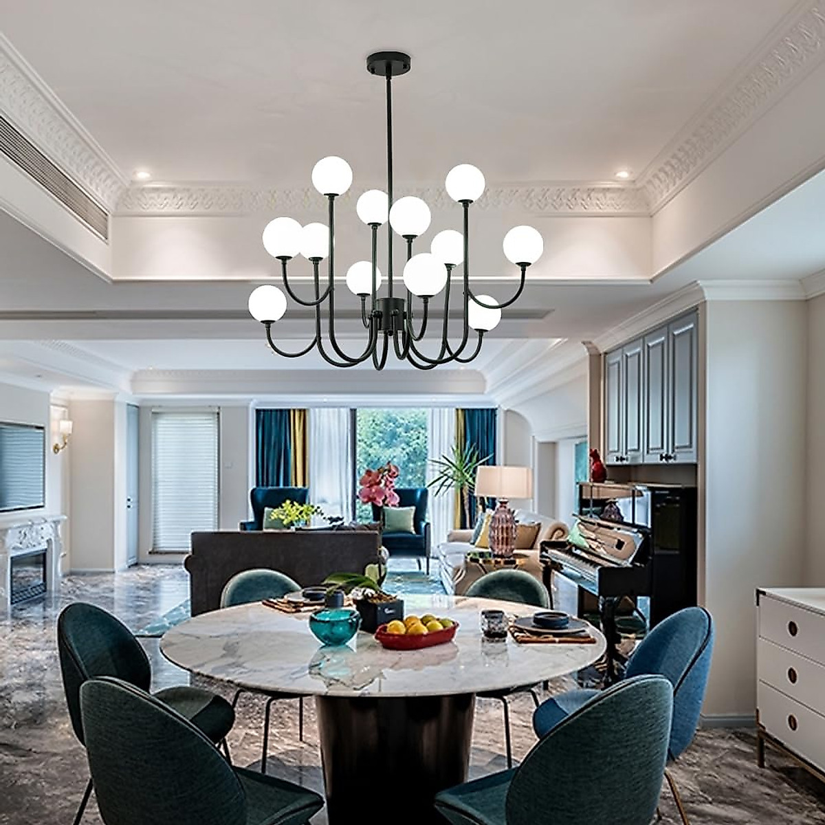 QUOOBE Modern Mid Centur Black 12 Light Chandeliers with Glass Globe,Large Sputnik Metal Ceiling Pendant Light Fixture for Living Room Dining Room Bedroom Kitchen Staircase Office