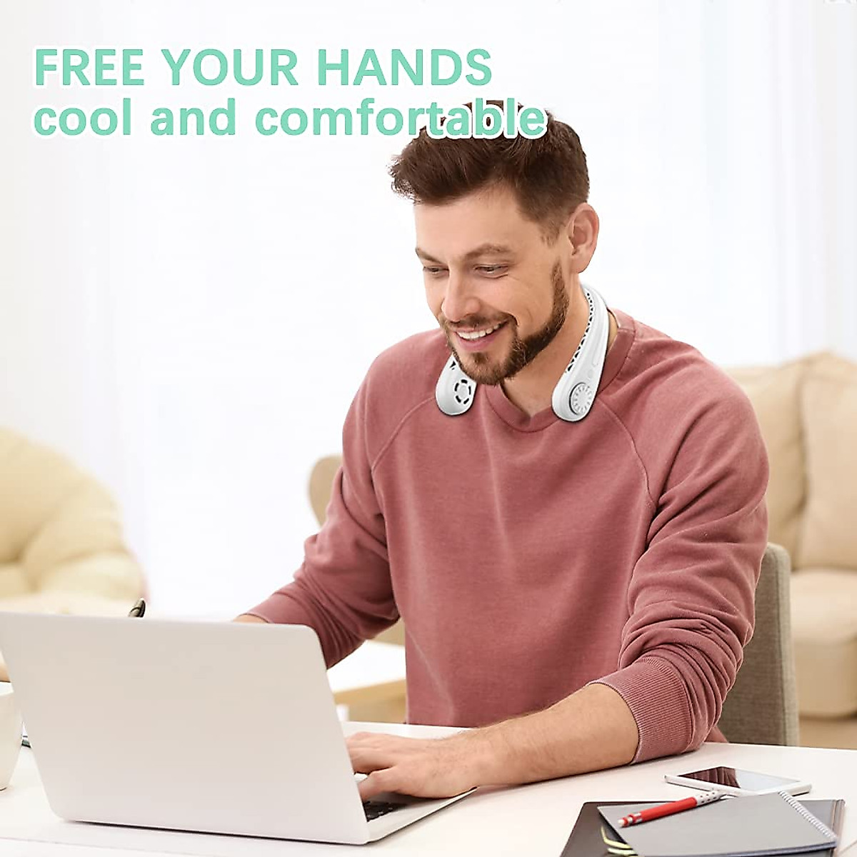 RXGYL Portable Neck Fan Bladeless Neck Fans Portable Rechargeable Battery 2400mAh, Blast Personal Fans for Your Neck can Working 4-8 Hrs, Cooling Neck Fan have 3 Speeds Settings (White)