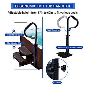 TCFUNDY Hot Tub Handrail, Adjustable 60" Slide Spa Hot Tub Hand Rail, Under Base Spa Step Side Railing 700 LBS Load, Heavy Steel Spa Handrail for Hot Tub with Sponge Rubber Grip, Rotatable Handle