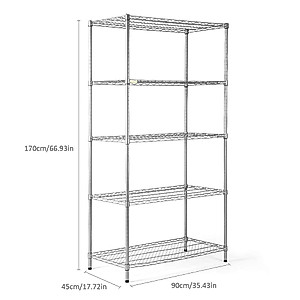 5-Tier Wire Shelving Unit, Adjustable Steel Storage Shelves 35.4" D x 17.7" W x 66.9" H, Commercial Storage Organisation Rack Heavy Duty Steel Shelving for Kitchen Bedroom Bathroom Office Garage