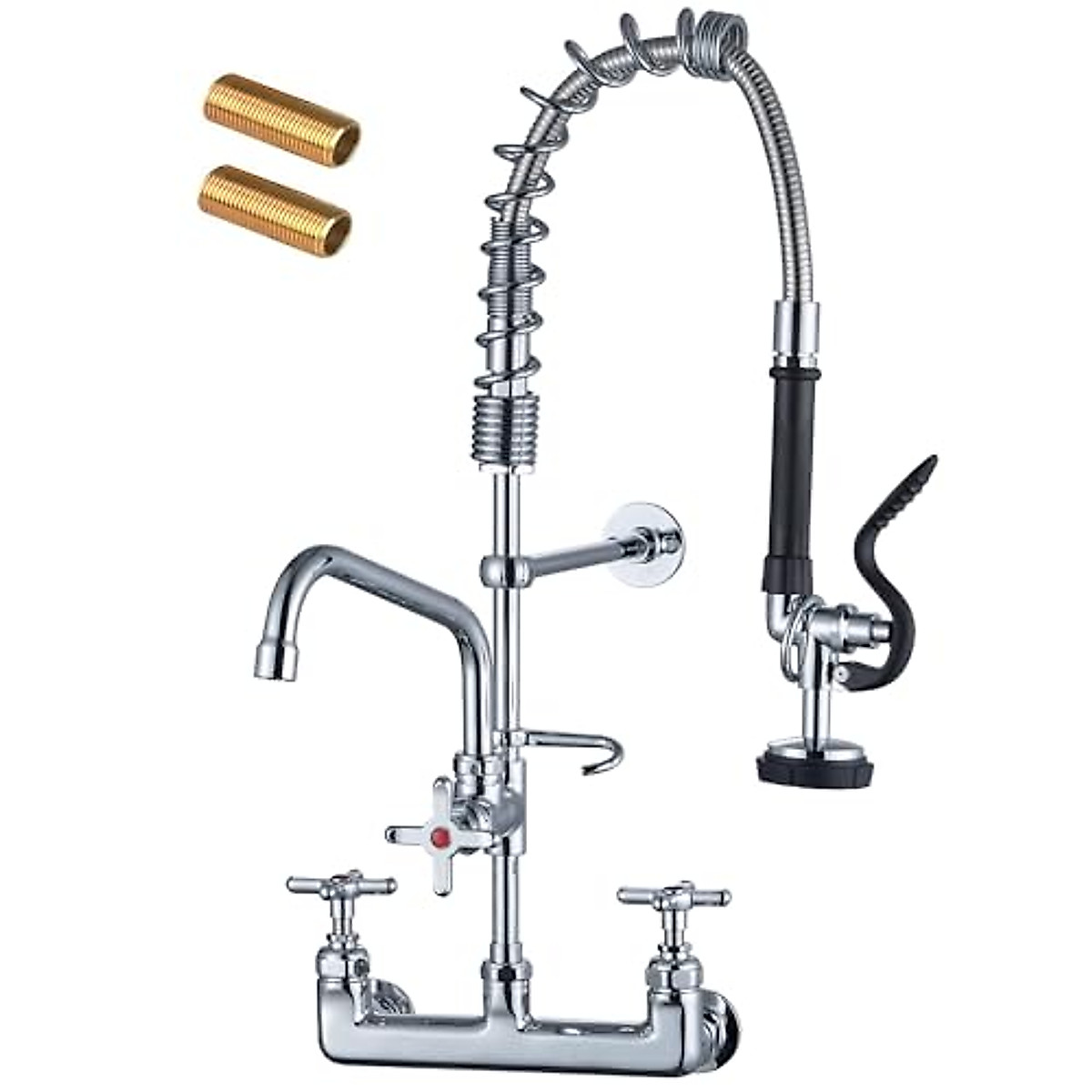 Launceter Commercial Faucet with Sprayer, 8 Inch Center Wall Mount Kitchen Faucet with 8" Swivel Spout, 20" Height Compartment Sink Faucet with Pre-Rinse Sprayer for Restaurant Industrial