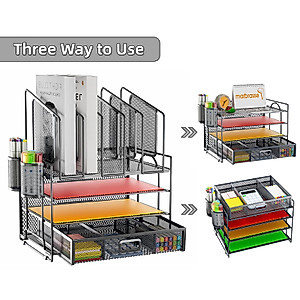 Marbrasse Desk Organizers, 4-Tier Mesh Desk File Organizer with 5 Vertical File Holders and 2 Pen Holders, Multifunction Desktop Organizer,Desk Organizers and Accessories for Home Office (Gray)