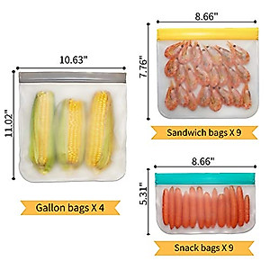 Jagrom 22 Pack Reusable Storage Bags 4 Gallon & 9 Sandwich Lunch Bags & 9 Small Kids Snack Bags For Food, EXTRA THICK Leak Proof Reusable Food Bags, Freezer Bags, Reusable Zipper Bags, BPA FREE…