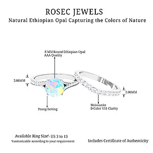 Certified Opal Moissanite Wedding Ring Set, AAA Quality, Natural 8mm Round Ethiopian Opal Bridal Ring Set - Ready to Gift, 14K White Gold, Size:US 9.00
