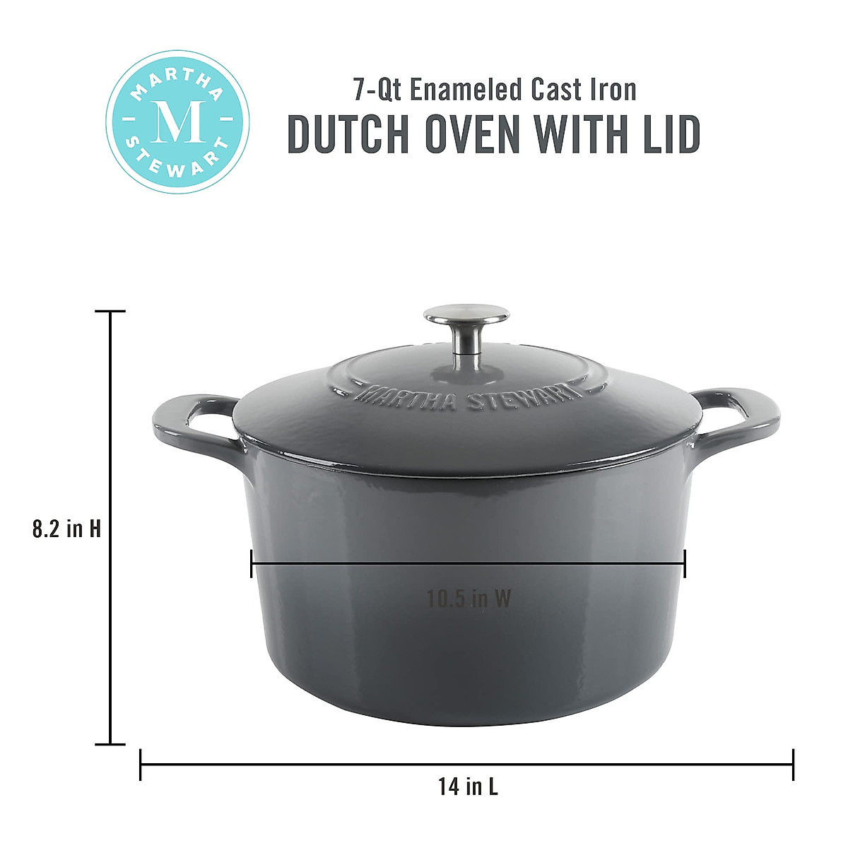 MARTHA STEWART Gatwick 7 QT Enamel Cast Iron Dutch Oven, Classic Grey
