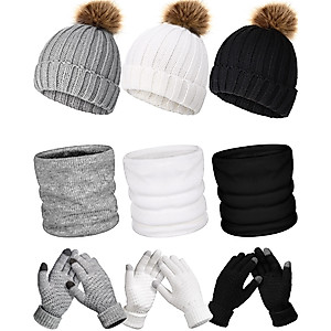 9 Pcs Winter Knitted Hat Scarf Gloves Set Warm Beanie Hat with Faux Fur Pom Fleece Lining Neck Warmer Touchscreen Gloves for Women, Men