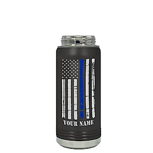 Cuptify Personalized Distressed Blue Line Police Flag on Black Sports Bottle with Straw 20 oz Stainless Steel Vacuum Insulated Bottle Gift for Police, Academy, Graduation