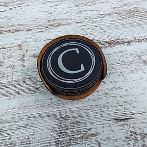 Round Handmade Coasters - Personalized Coasters Set of 6 - Custom Engraved Barware Decorations - Leather Bar Decor - Man Cave Father's Day Present (Black/Silver)