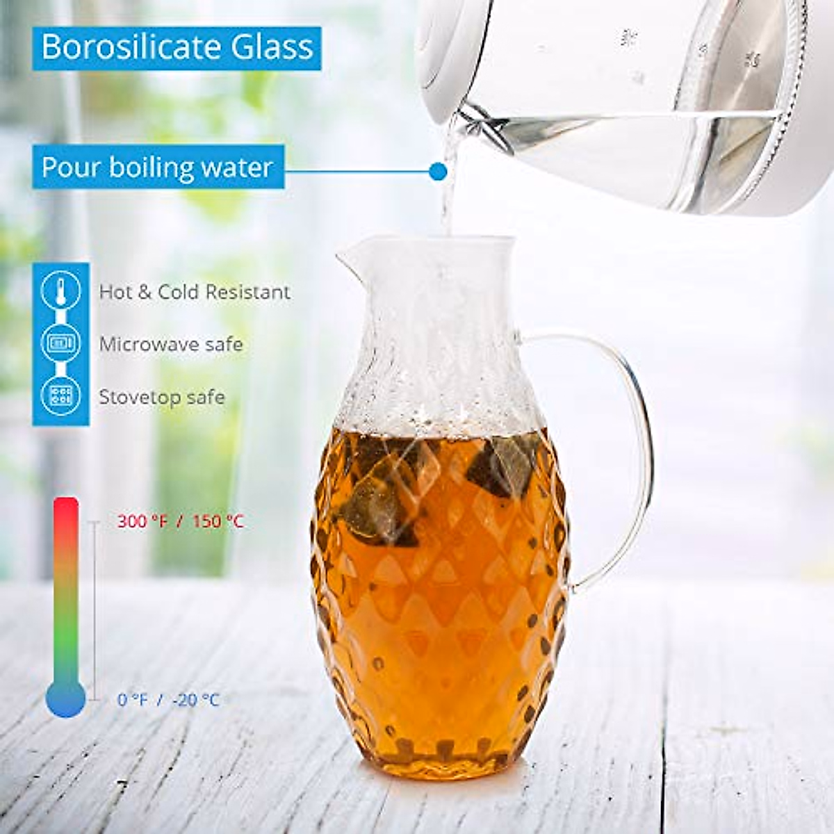 Large Glass Pitcher with Lid and Spout - 100 Ounces Big Cold and Hot Water Carafe with Unique Glass Diamond Pattern, Beverage and Water Pitcher for Homemade Iced Tea and Juice.