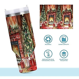 ODAWA Christmas Fireplace Red Water Tumbler 40 Oz Travel Cup with Lid and Straw