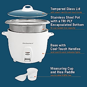 Elite Gourmet ERC-2010 Electric Rice Cooker with Stainless Steel Inner Pot Makes Soups, Stews, Grains, Cereals, Keep Warm Feature, 10 Cooked (5 Cups Uncooked), White