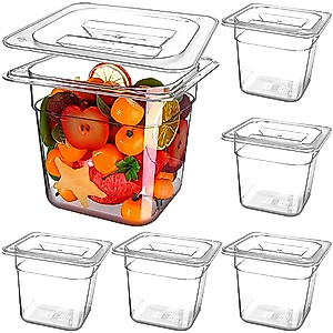 Ujuuu 6 Pack Plastic Clear Food Pan with Lid 1/6 Size 7 Inch Deep Stackable Acrylic Square Container Polycarbonate Food Storage for Hotel Restaurant Kitchen Food Prep Storage (2.2L)