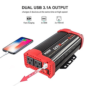 NDDI 600W Car Power Inverter 12V DC to 110V AC Converter with 3.1 A Dual USB Quick Car Charger Adapter