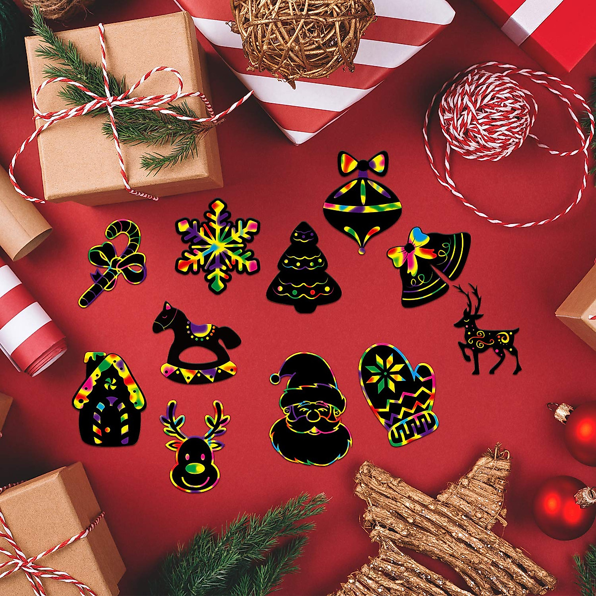 LOKIPA Christmas Scratch Paper Art Set, 80 Pieces Magic Rainbow Scratch Off Cards Ornaments for Kids Christmas