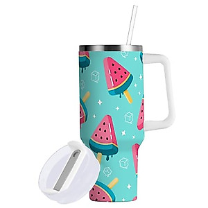 DIGTIA Stainless Steel Insulated Tumbler w/Handle & Straw, Watermelon Blue Double Wall Vacuum Travel Coffee Mug Cup w/Lid, Leak-Proof Sports Ice Cream Water Bottle,40oz