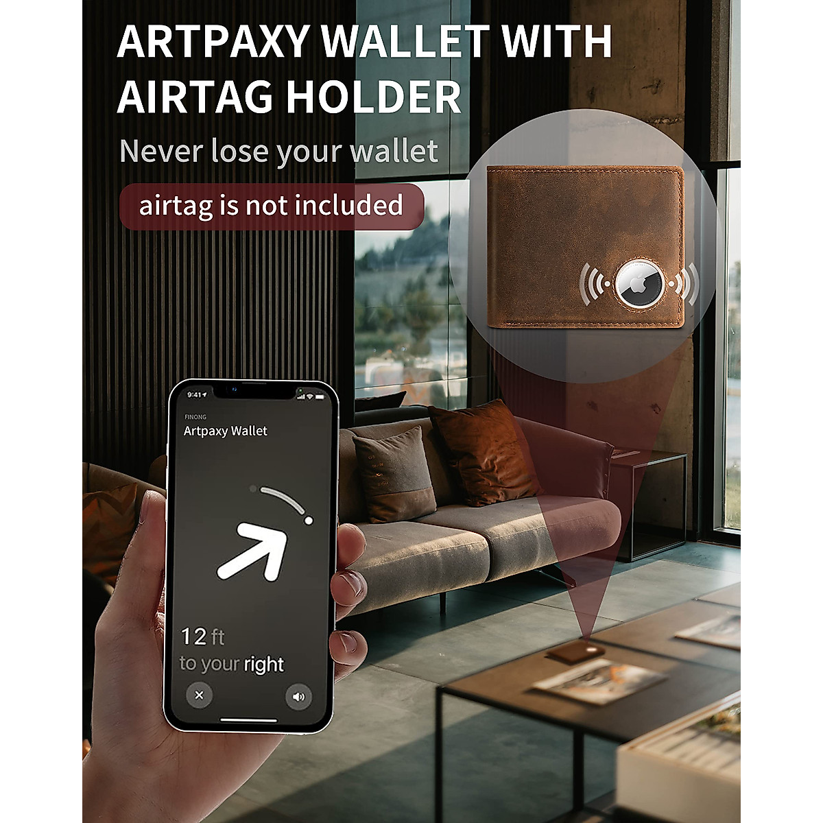 Mens Wallet With AirTag Holder, Bifold Leather RFID Blocking 2 ID Windows 12 Card Holders, Gift Box and Screen Protector Included, AirTag Not Included