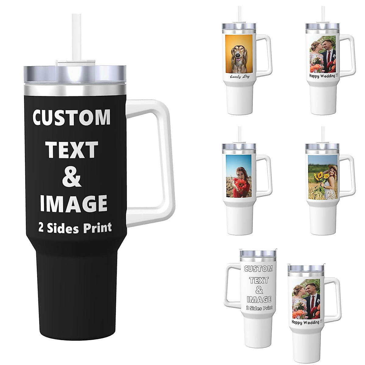 Custom 40 OZ Tumbler With Photo Design Your Own Text/Logo Personalized Ice Bully With Handle Customized Coffee Travel Mug with Lid and Straw for Men Women Christmas Birthday Gifts, Black
