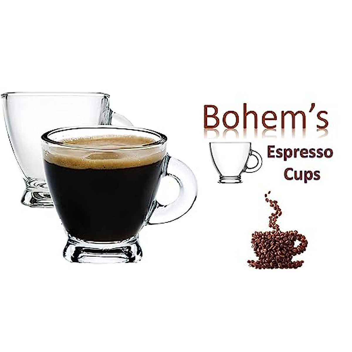BOHEM'S Espresso Cups, 3.2 oz Small Demitasse Clear Glass Espresso Drinkware, Set of 2, Espresso Shot Glasses, Clear Expresso Coffee Cups, Tazas de Cafe Expreso