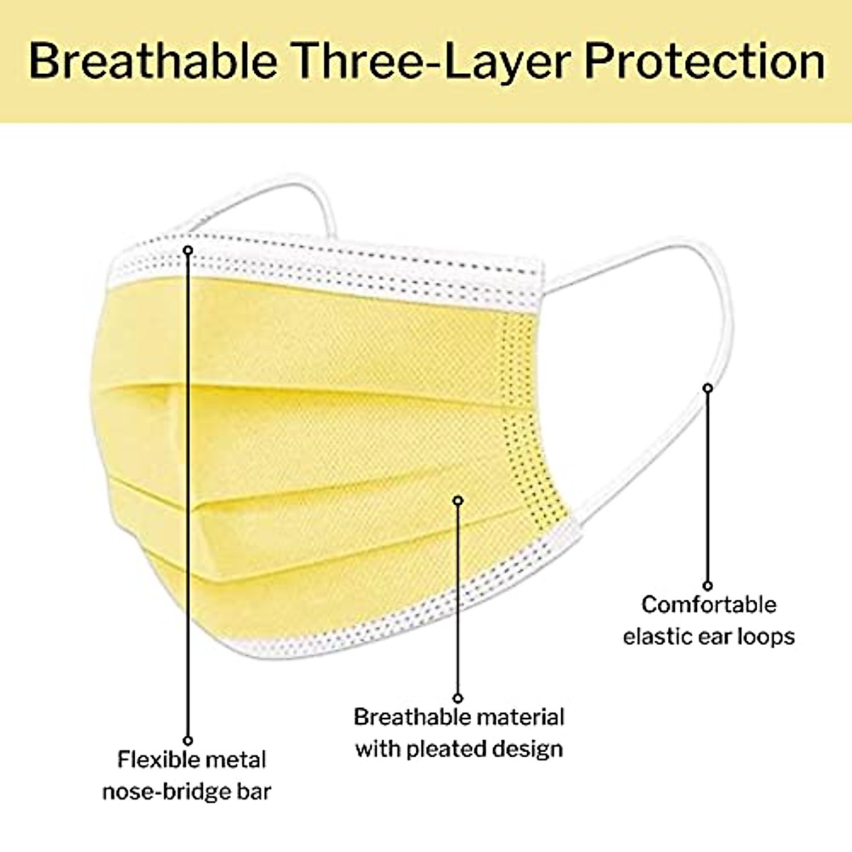McKesson Medical Face Masks, Level 1 - Pleated with Ear Loops, Non-Sterile, Yellow - One Size Fits Most Adults, 7 in x 3.75 in, 50 Count, 1 Pack