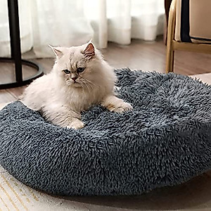 Luciphia Round Dog Cat Bed Donut Cuddler, Faux Fur Plush Pet Cushion for Large Medium Small Dogs, Self-Warming and Cozy for Improved Sleep Dark Grey, Medium(23"x23")