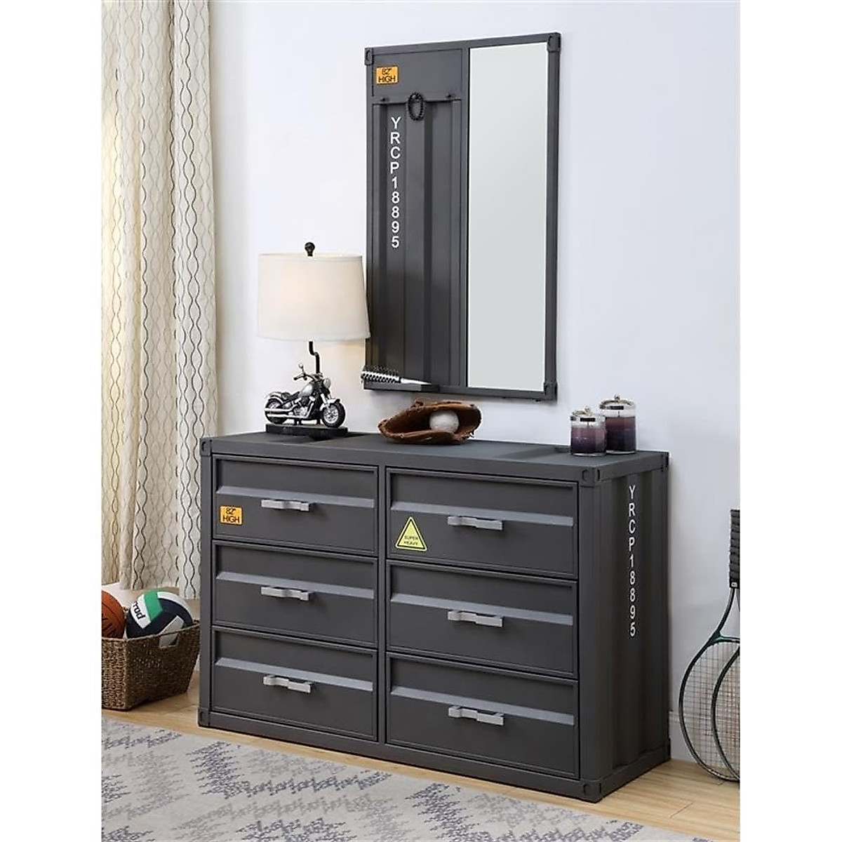 Acme Cargo Container Style Rectangular 6-Drawer Dresser in Gunmetal Metal