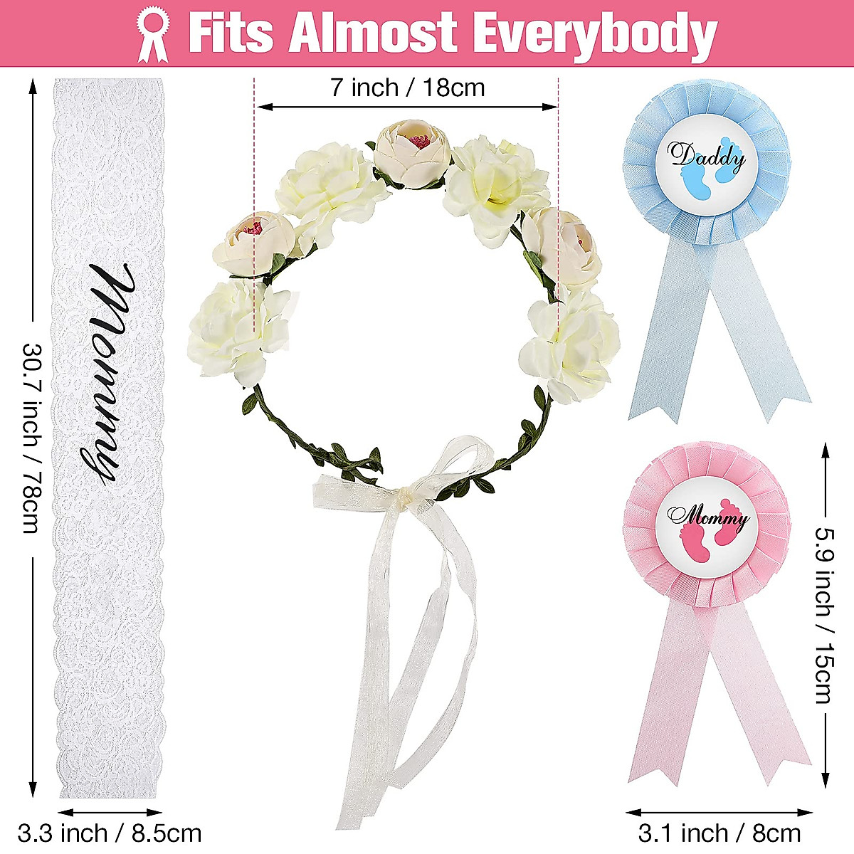 4 Pieces Baby Shower Kits Include Baby Shower Sash, Mommy Daddy Badge Button Pin Kits and Flower Crown for Baby Shower Decoration Gender Reveal Baby Sprinkle Welcome Baby