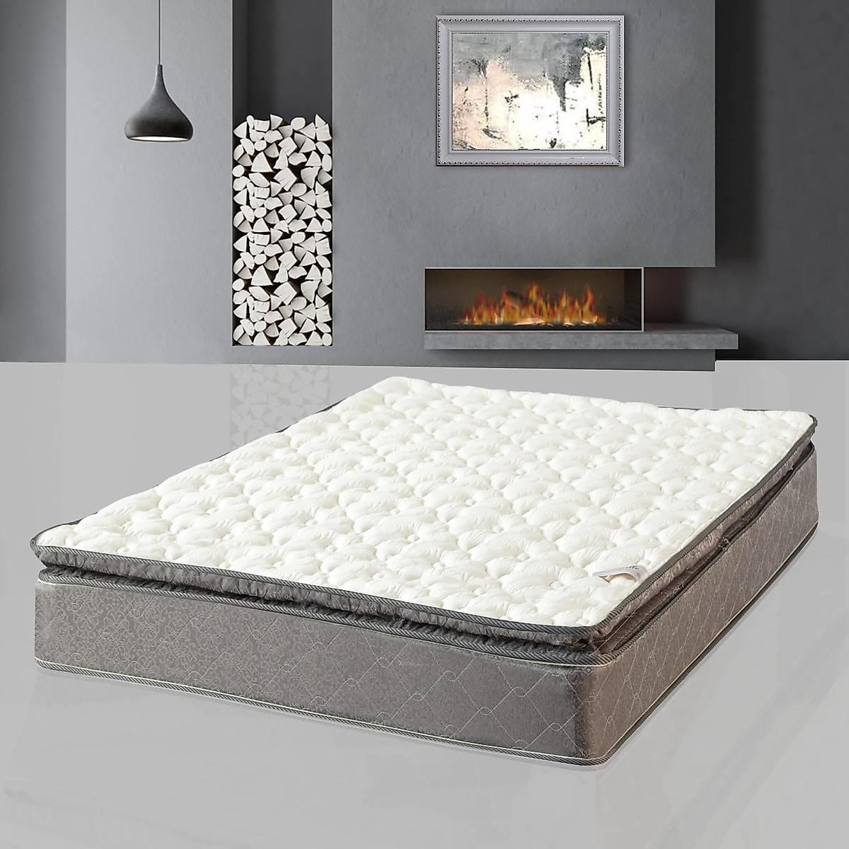 Greaton 10-inch Medium Firm Foam Mattress with 1-inch Pillow Top, 357 Coil Count Damask Fabric Mattresses with Black Border and White Top for Premium Look, Full XL