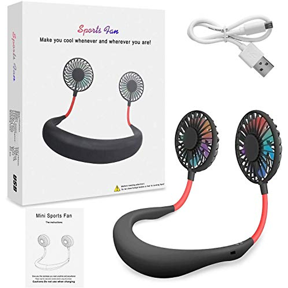 Portable Neck Fan - USB Rechargeable Fan with 3 Speeds Adjustable, Neck Fans Portable Rechargable Prime with LED Lights - Black