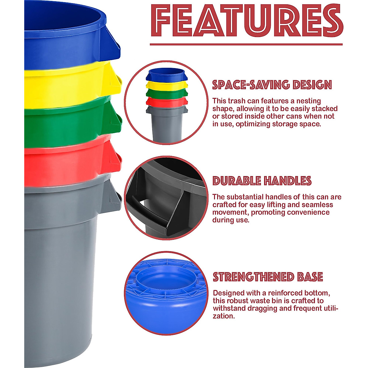 Round Trash bin with Lid Garbage can outdoor Heavy duty trash can Industrial trash can Yard trash can Shop trash can Large garbage cans Trash barrels Garbage drum Kitchen trash bin (Red, 10 Gallon)