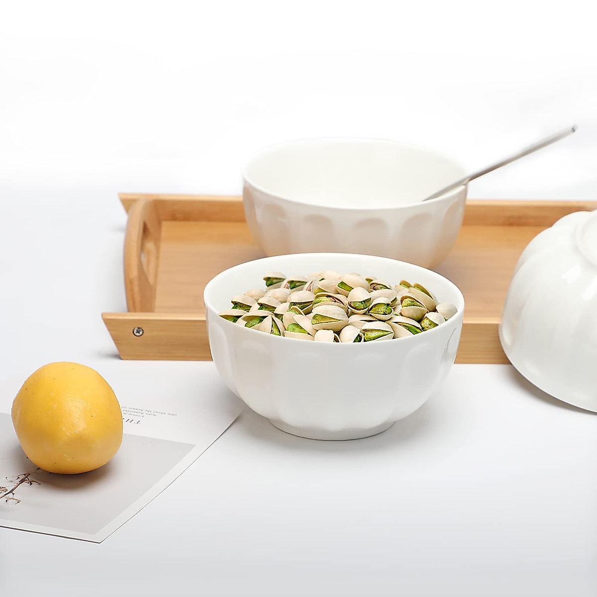 amhomel Porcelain Deep Bowls, 26 Ounce for Cereal, Soup, Side Salad, Rice and Ramen, Microwave and Dishwasher Safe, Fluted Bowls Set of 6(White, 6 Inch)