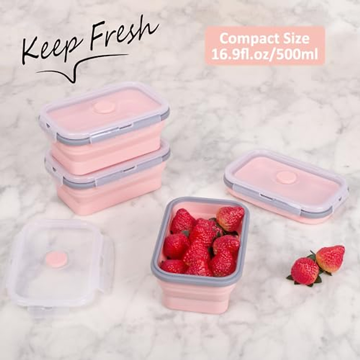 Collapsible Food Storage Containers with Airtight Lid, 16.9 oz, Compact Kitchen Stacking Silicone Collapsible Meal Prep Container Set for Leftover, Microwave Freezer Dishwasher Safe, Pink, Set of 4