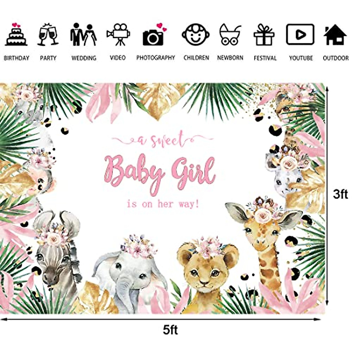 Jungle Safari Baby Shower Backdrop for Girls Wild Animals A Sweet Baby Girl is On Her Way Baby Shower Party Decorations Floral Greenery Photography Party Cake Table Photography Background 5X3Ft