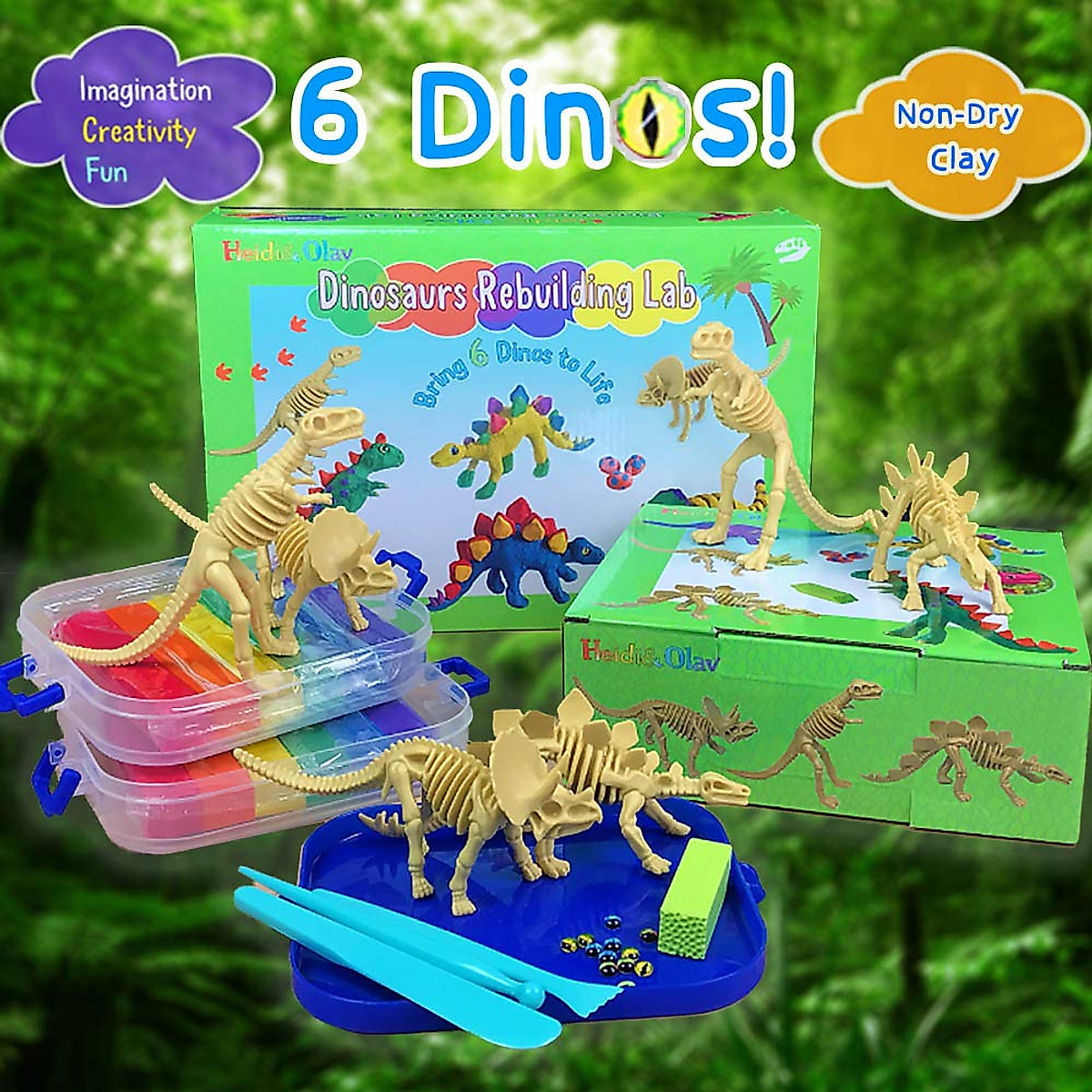 6 Modeling Clay Dinosaurs Crafts - with Silicon Scale Stamp and Non-Dry Modeling Clay - Kids Dinosaur Arts and Crafts for Boys and Girls Age 5-8