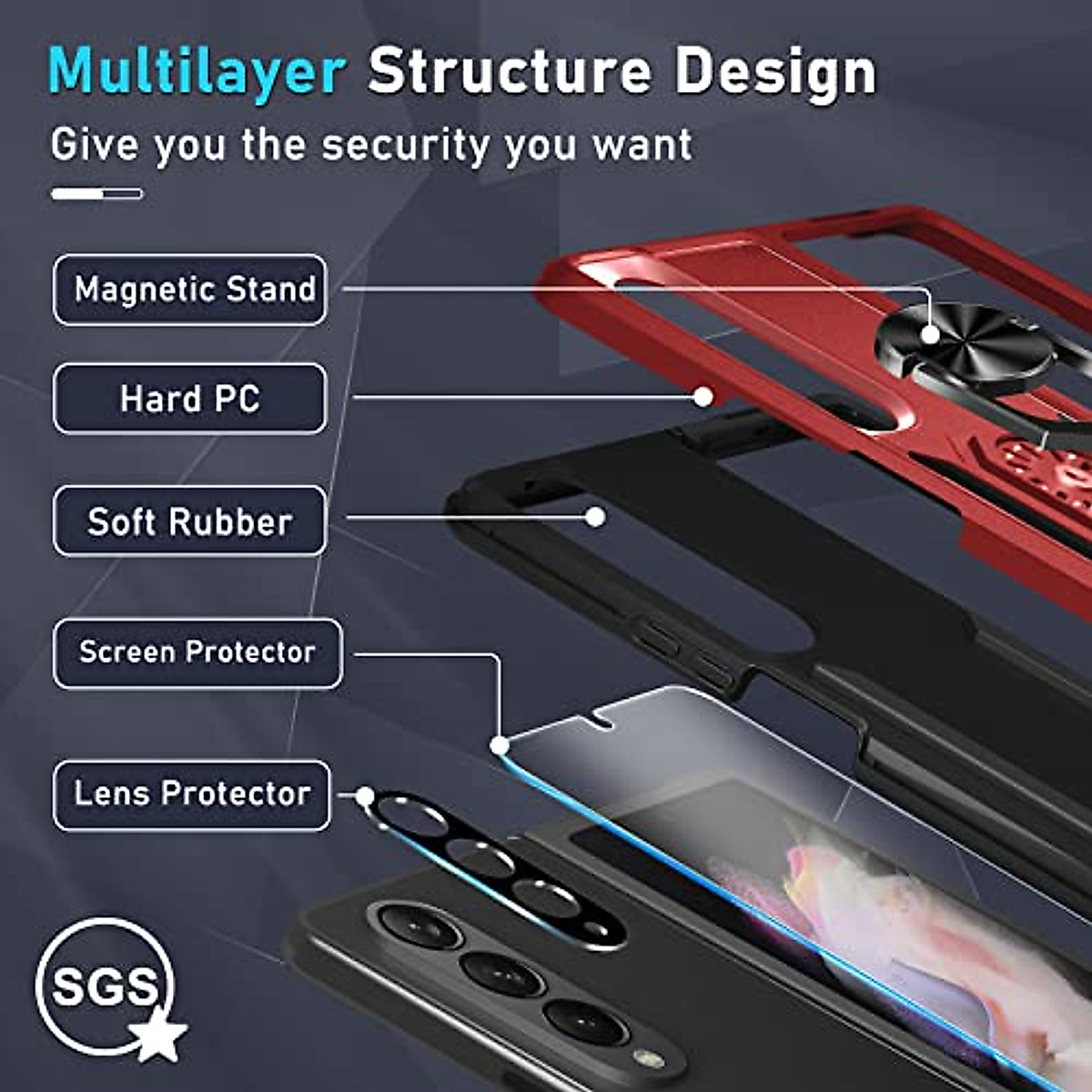 PULEN for Samsung Galaxy Z Fold 4 5G Case with Screen Protector+Camera Lens Protector (3 in 1),Magnetic Metal Ring Kickstand Cover [Military Grade] [Shockproof Protection] Heavy Duty Case -Red