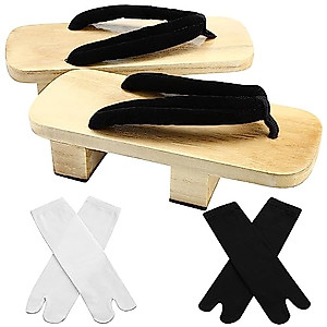 Hercicy Japanese Wooden Clogs with 2 Pairs Tabi Socks Japanese Sandals Wooden Sandals Wooden Geta Sandals Clogs Halloween (9-10 Woman/9-10 Man)