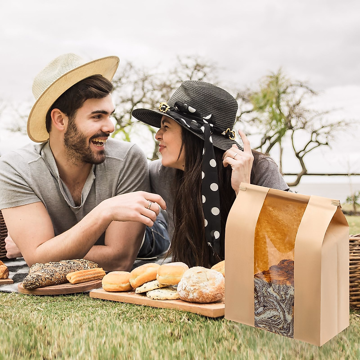 60 Pack Large Kraft Paper Bread Loaf Bag with Tin Tie Tab Lock ，for Homemade Bread Loaf Bags 14" x 8.3" x 3.5"，Sourdough Bread Bags with Clear Front Window for Baked Food Packaging Storage. (60)