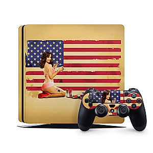 ZOOMHITSKINS PS4 Slim Skins, Sexy Girl America Woman USA Vintage Flag Red Blue Classic Old, Durable, Bubble-Free Goo-Free,Cover Set of 2 Controller Skins 1 Console Skin, Made in USA