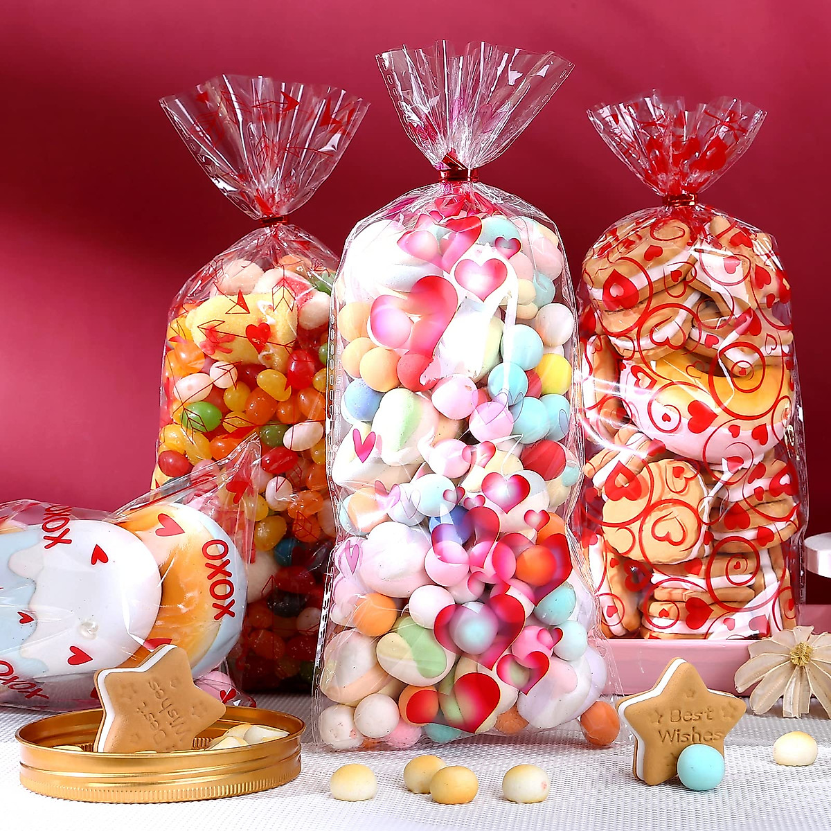 Kesoto 100 Pieces Red Valentines Day Cellophane Treat Bags for Kids, Clear Heart Goodie Candy Snack Bags Bulk with Twist Ties for Valentines Party Favor Supplies