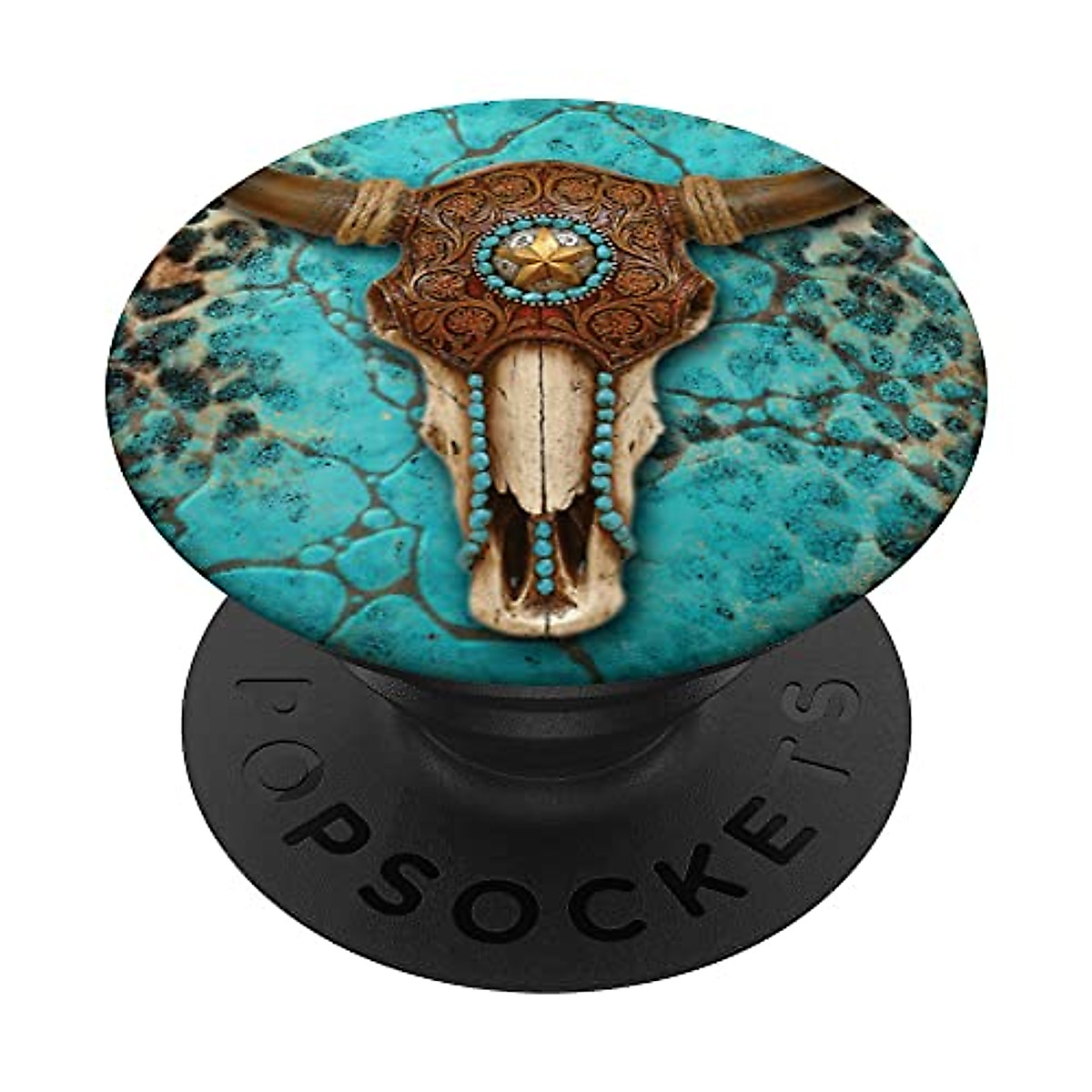 Western Country Bull Skull Turquoise Pattern Cowhide PopSockets Swappable PopGrip
