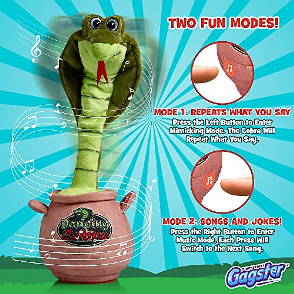 Gagster Dancing Cobra Snake - Sings, Repeats What You Say & Tells Jokes. Talking, Yodeling, Dancing, Mimicking - This Hysterically Funny Plush Novelty Mimic Toy is a Great Gag Gift for Adults & Kids