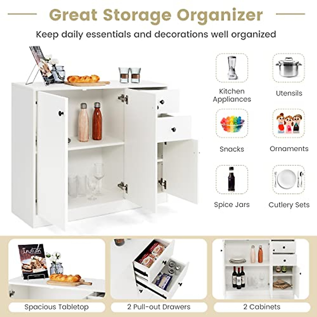 PETSITE Buffet Cabinet, Kitchen Sideboard with Storage Cabinets & Drawers, Modern Credenza Coffee Bar Server Console Table Cupboard for Entryway Living Dining Room, White