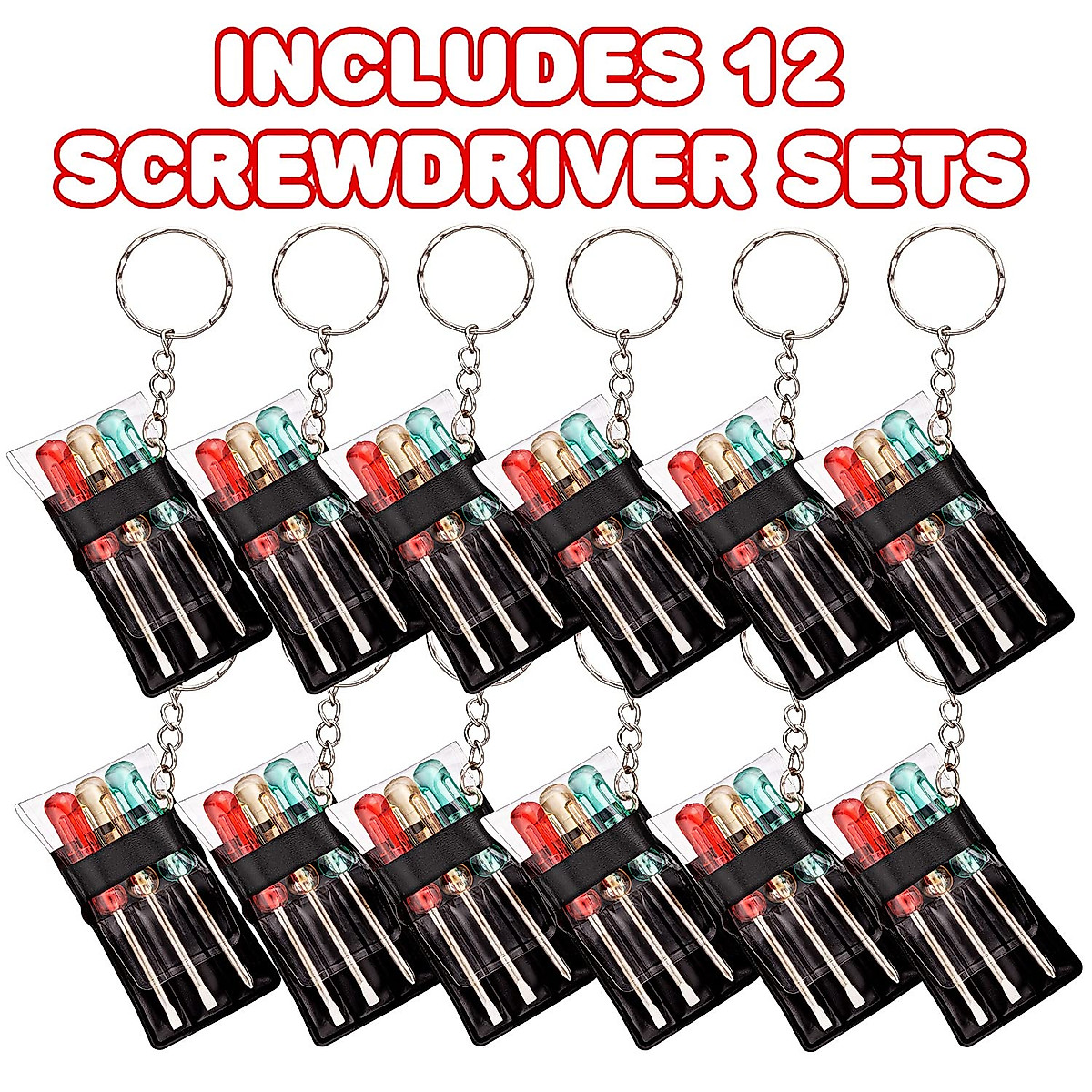 ArtCreativity Mini Screwdriver Set with Keychain (12 Pack) - Useful Adult Party Favors, Each Set Includes 3 Screw Drivers in a Handy Portable Pouch - Pocket Screwdriver & Mini Toolkit Keychain