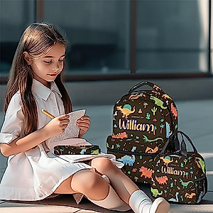 Custom Dinosaur Backpack with Lunch Box for Boys Girls, Personalized Set of 3 School Backpacks Matching Combo, Cute Colorful Bookbag and Pencil Case Bundle