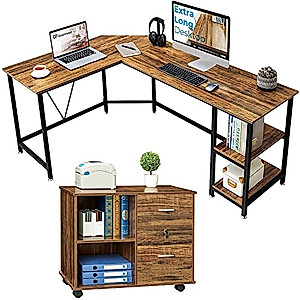 GreenForest L Shaped Corner Desk 65.7 inch with Storage Shelf and 2 Drawers File Cabinet Wooden Lateral File Cabinet with Open Storage Shelves