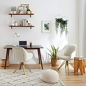 Volans Mid Century Modern Desk Chair No Wheels, Upholstered Swivel Accent Chair with Hollow Brushed Gold Plated Legs Office Chair for Home Office Bedroom, Beige Off White